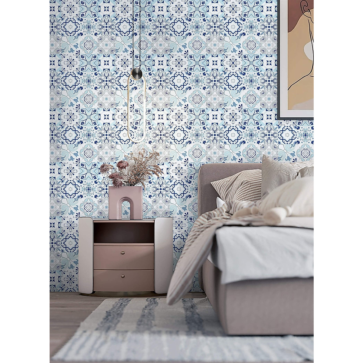 Dimoon Wallpaper 17.7’’x78.7’’ Contact Paper Thicken Blue White Floral Flower Tile Peel and Stick Removable Wall Waterproof Embossed Self Adhesive Vinyl