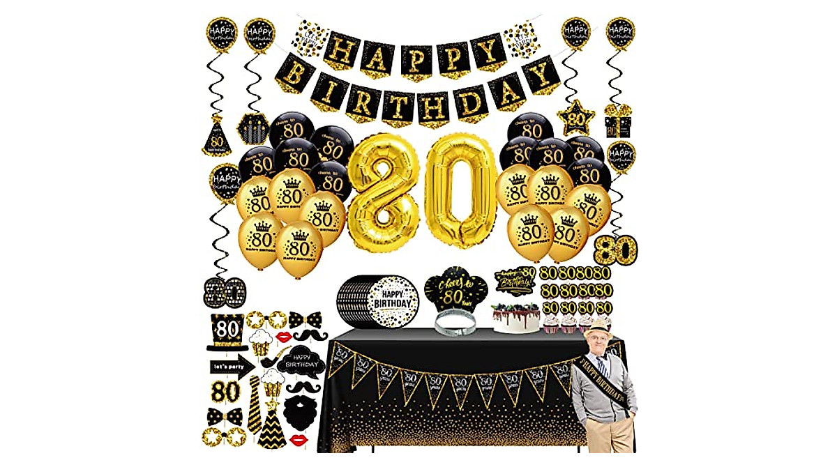 80th Birthday Decorations Kit - Black Gold Party Supplies