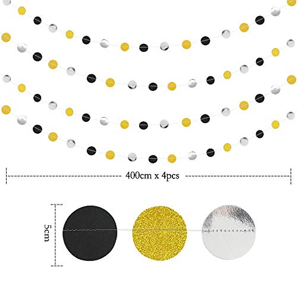 Decor365 Gold Back Circle Dots Garland Streamers Party Decorations Glitter Black Hanging Streamer Banner Backdrop Decoration for Birthday/Wedding/New Year/Gruaduation