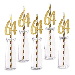 64th Birthday Paper Straw Decor, 24-Pack Real Gold Glitter Cut-Out Numbers Happy 64 Years Party Decorative Straws