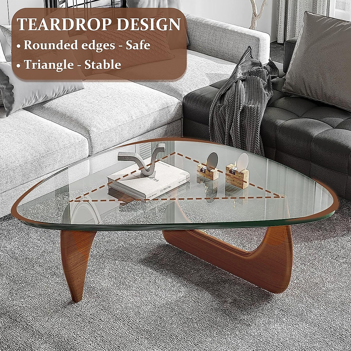 Mid-Century Modern Coffee Table - Triangle Glass Top Natural Wood Base Triangle Coffee Table for Living Room Patio Office Abstract End Tables (Walnut/Brown, Small 32.2 * 22.4 * 16in)