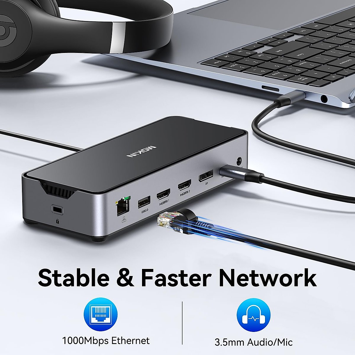 USB C Docking Station 3 Monitors Laptop USB C Dock Dual Monitor with 2 HDMI DisplayPort 4K144Hz,USB A 2.0/3.0,USB C 3.1 10Gbps&30W Output,Ethernet,MicroSD&SD,Audio&Mic,150W DC Power for Dell/Lenovo/HP