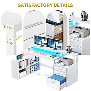 DWVO L Shaped Desk with Power Outlets & LED Lights, 65" Computer Desk with Drawers, Corner Desk Office Desk with File Cabinet & Printer Stand, White