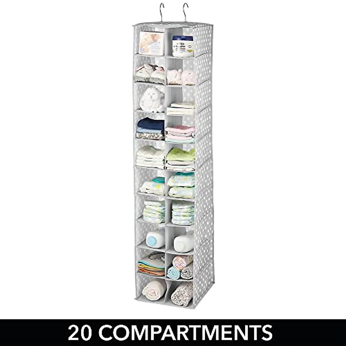 mDesign Soft Fabric Over Closet Rod Hanging Storage Organizer with 20 Shelves for Baby Room or Nursery - Tiered Hanging Organizers - Polka Dot Print - Gray/White