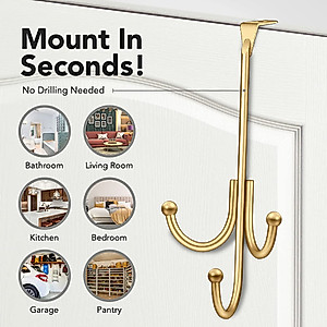 LEVAF 2-Pack Over The Door Hook - with 3 Hang Heads & Snug Fit Pads- 2Pcs Heavy Duty Hooks for Hanging Coats, Towels, Caps & Robes - Elegant Matt Finish - No Drill Hanger Organizer - Gold