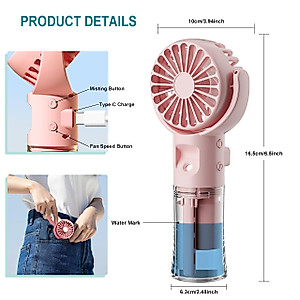 Frelisiy Handheld Fan Misting Hand Held Fan Rechargeable Battery Operated Portable 4 Speeds & 55ml Spray & 360° Rotatable USB Personal Water Fan for Travel Camping Outdoor(Pink)
