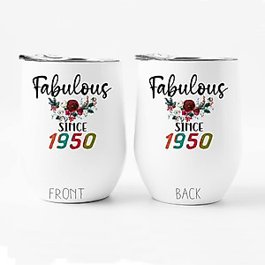 PAW8888 Fabulous Since 1950 74th Birthday Wine Tumbler Gifts for Her, Women, Wine Glass with Lid Birthday Gift Friend Coworker Wife Sister, Grandma, Bestie Christmas Gift - White