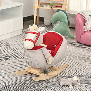 Qaba Kids Ride-On Rocking Horse Toy, Rocker with Lullaby Song, Hand Puppets & Soft Plush Fabric for Children 18-36 Months, Gray
