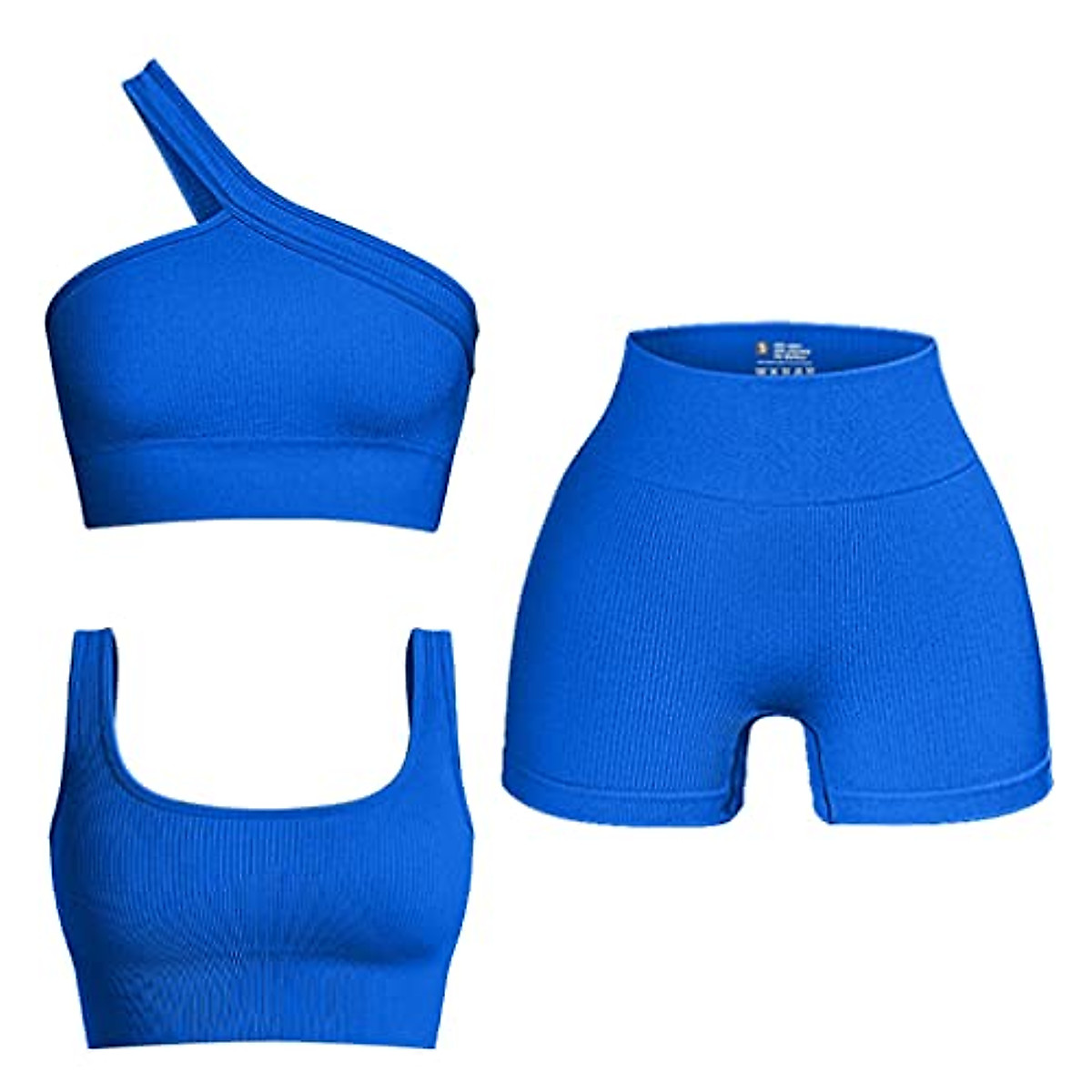 OQQ Women's 3 Piece Outfits Ribbed Seamless Exercise Scoop Neck Sports Bra One Shoulder Tops High Waist Shorts Active Set Blue