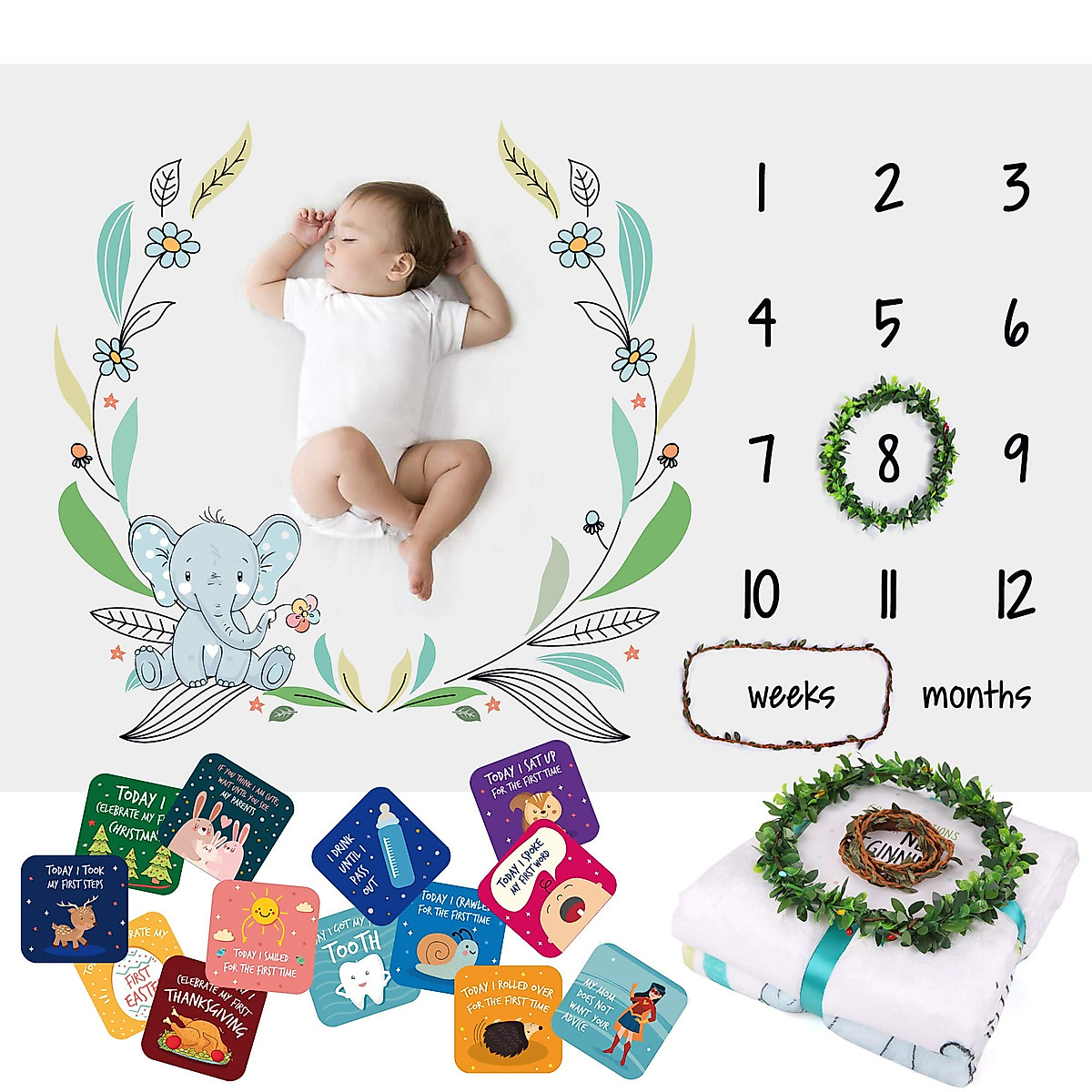 ATHENA FUTURES Baby Monthly Milestone Blanket for Boys Girls - Soft Fluffy Unisex Design - 60 x 40 in - 1 to 12 with Weeks and Months - Wreath and String Markers, 18 Baby Occasions Cards and an e-Book