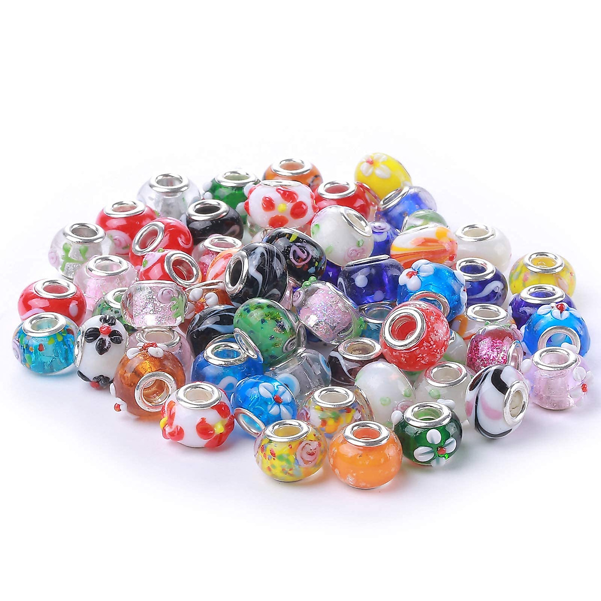 Weebee Murano Glass Beads Large Hole Beads European Lampwork Spacer Beads Silver Plated Cores Bracelet Charms for Jewelry Making 50 Pcs Mix