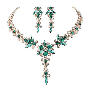 Unicra Bride Necklace Earrings Set Crystal Bridal Wedding Jewelry Sets Rhinestone Choker Necklace Prom Costume Jewelry for Women and Brides (Green)