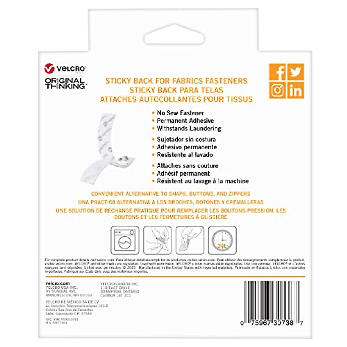 VELCRO Brand Sticky Back for Fabrics, 10 Ft Bulk Roll No Sew Tape with Adhesive, Cut Strips to Length Permanent Bond to Clothing for Hemming Replace Zippers and Snaps, White