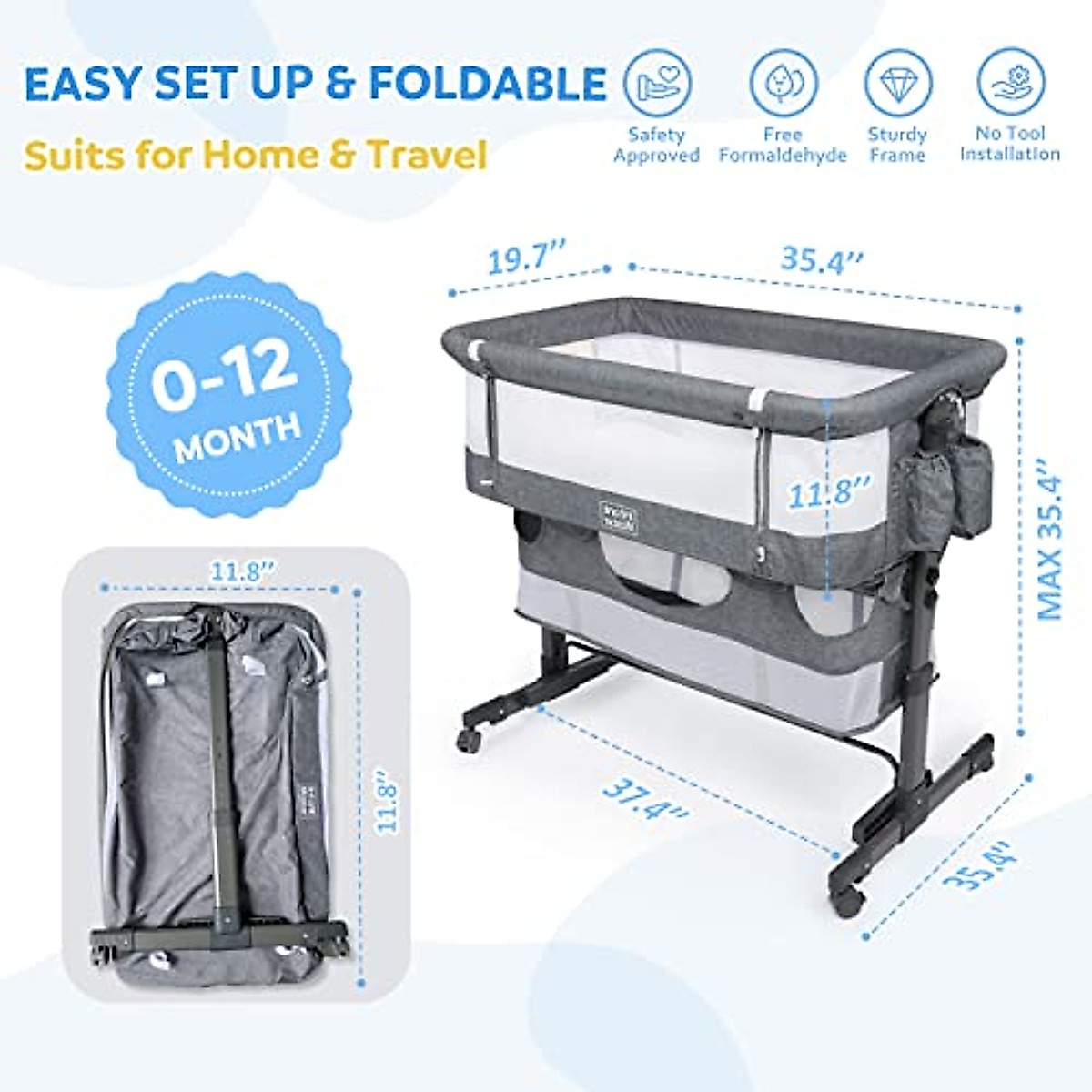 3 in 1 Baby Bassinet, Upgraded Beside Crib with 360° Highly Visible Mesh wall, Comfy Co-sleeper Bassinet with mattress, 5 Level Adjustable Height, Foldable & Portable BabyTravel Crib for Newborn, Grey