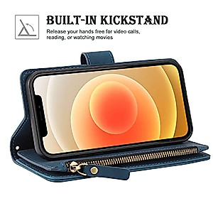 RANYOK Wallet Case Compatible iPhone 12 Pro Max (6.7 inch), Premium PU Leather Zipper Flip RFID Blocking Wallet with Wrist Strap Magnetic Closure Built-in Kickstand Protective Case - Blue