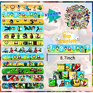 Mario Party Favors,98Pcs Mario Birthday Party Supplies include Goodie Bags,Felt Masks,Stamps,Slap Bracelets,Stickers,Classroom Rewards,Carnival Prizes,Party Activities,Themed Goodie Bags Stuffers
