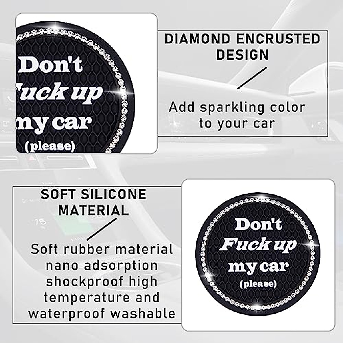 Kewucn 2 Pack Bling Car Cup Holder Coasters, 2.75 inch Anti-Slip Soft Rubber Crystal Rhinestone Auto Cup Insert Pad, Universal Vehicle Interior Decor Accessories for Car SUV Truck (Black)