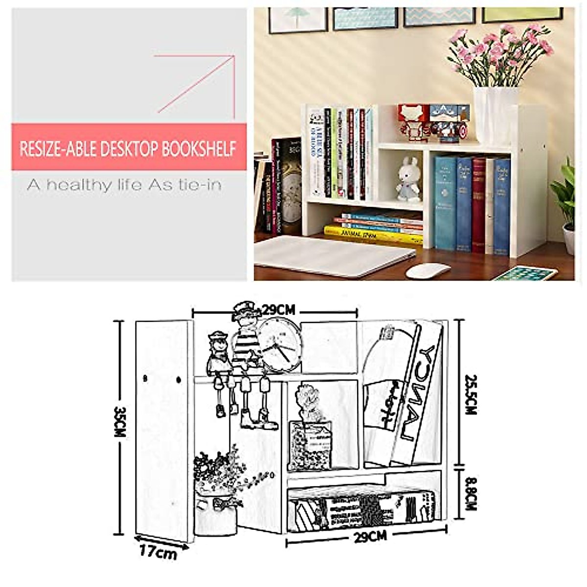 JR Joyreap Resize-able Thick Wood Desk Shelves Desktop Bookshelf Bookcase Display Rack Unit Creative DIY Book Stands (White)