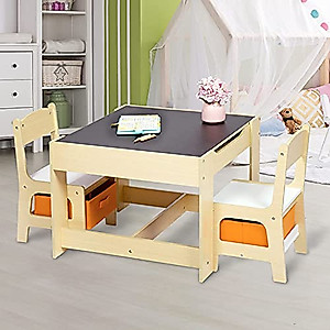 Kinlife Kids Table and Chair Set - 3 in 1 Wood Activity Table and 2 Chairs,Toddlers Arts Crafts Drawing Reading Playroom, Tabletop Storage Space Gift for Boys & Girls