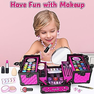 Hollyhi 65 Pcs Kids Makeup Kit for Girl, Washable Play Makeup Toys Set for Dress Up, Pretend Beauty Vanity Set with Cosmetic Case Birthday Toys for Girls 3 4 5 6 7 8 9 10 11 12 Year Old Kids Toddlers