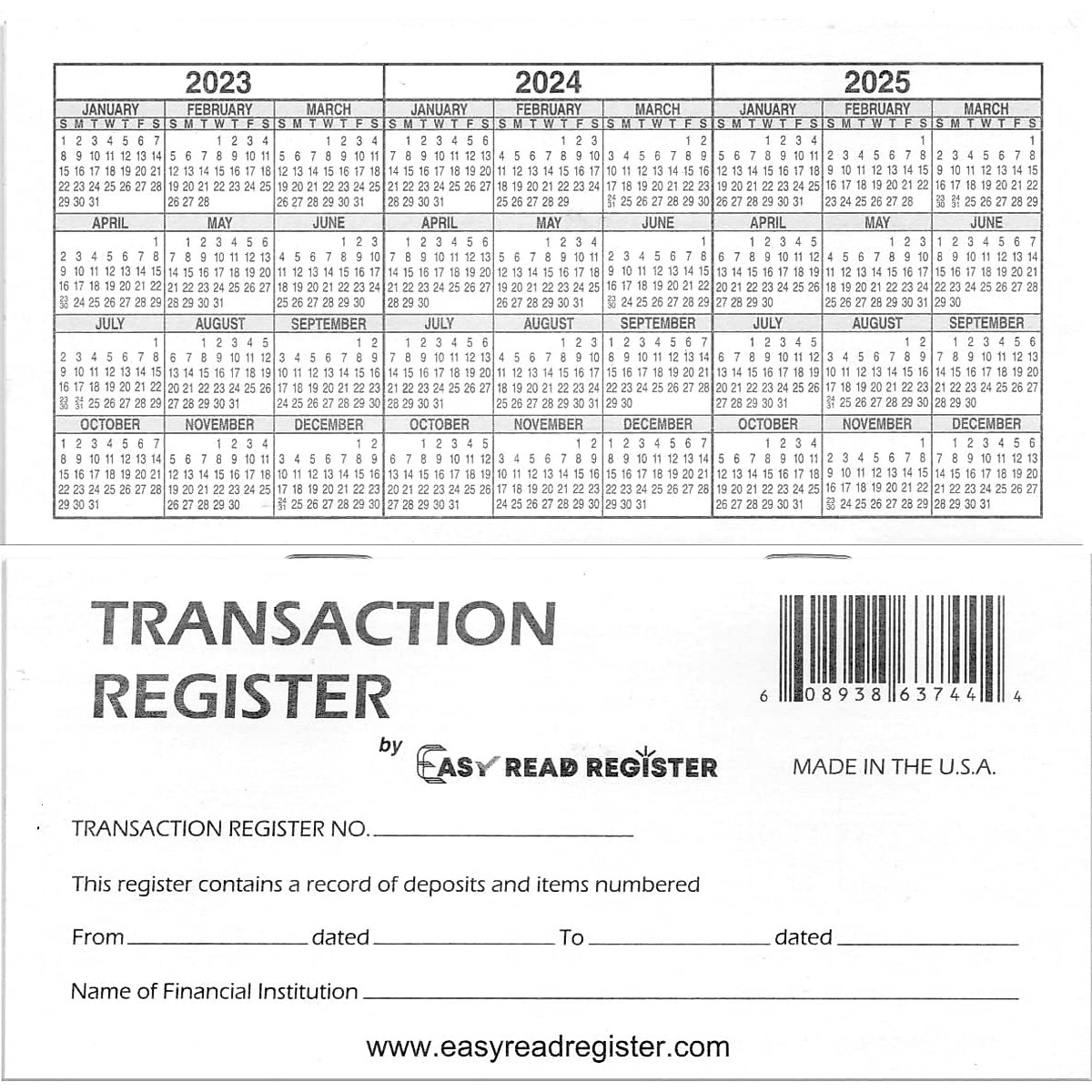 10 Checkbook Transaction Registers, 2022-2023-2024 Calendars, Made in USA