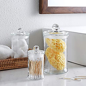 KMwares 3PCs Set Small Mini Clear Glass Premium Quality Apothecary Jars with lids Bathroom Accessories Set for Bathroom Laundry Room Storage or Kitchen / Vanity Organizer Canisters for Cotton Balls / Swabs, Makeup Sponges, Bath Salts, Q-Tips (Clear)