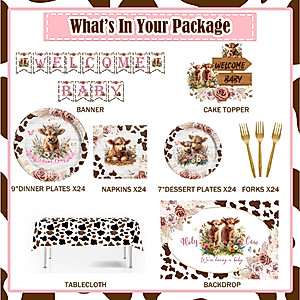 Hombae Highland Cow Baby Shower Decorations, Baby Shower Decorations for Girls, Holy Cow Baby Shower Supplies, Highland Cow Theme Backdrop Balloon Banner Tablecloth Cake Topper Plates Napkins Forks