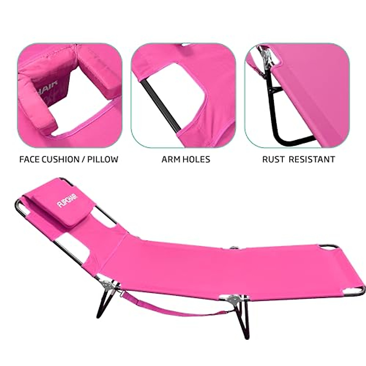 Face Down Tanning Chaise Lounge Chair - Face & Arm Holes - 2 Legs Support - Polyester Material – Backrest Positions - Head Rest Pillow - Beach or Home Use - Read and Tan - Pink Stripes Pattern