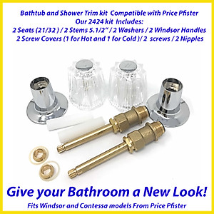 Bathtub and Shower Trim Kit for Price Pfister Compatible – Remodel/Rebuild Set with Clear Acrylic Handles, Stems, Seats & Flanges – Fits Verve & Windsor Faucets – Hot & Cold Replacement Parts