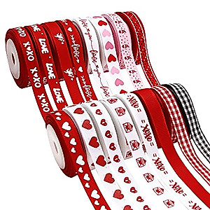 VATIN Valentine's Day Ribbons 3/8 Inch x 240Fts(16 Rolls x 15Ft) Valentine's Day Trims Grosgrain Ribbons Hearts Printed Ribbon for Valentine's Day Wedding Gift Wrapping DIY Crafts