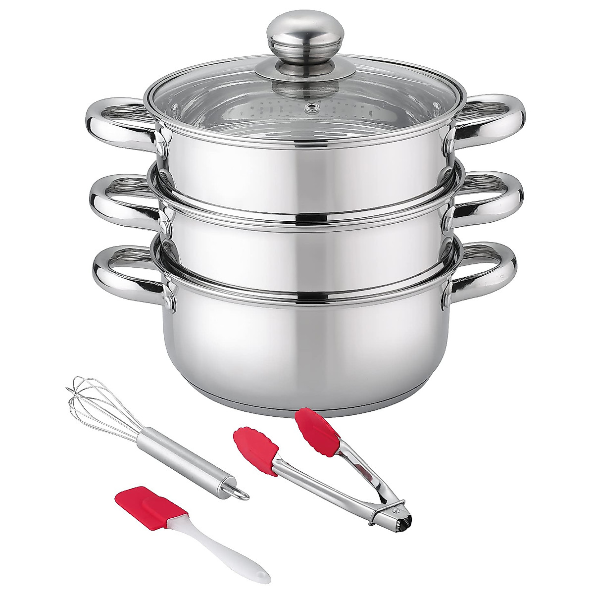 Double Boiler & Steam Pots for Chocolate and Fondue Melting Pot, Candle Making, Stainless Steel Steamer with Tempered Glass Lid for Clear View while Cooking, Dishwasher (3 Cooking Utensils Set)