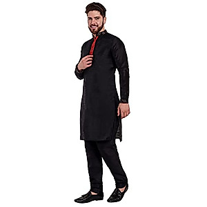 SKAVIJ Men's Art Silk Kurta Pajama and Scarf Ethnic Wedding Suit Party Dress Set (Small, Black)