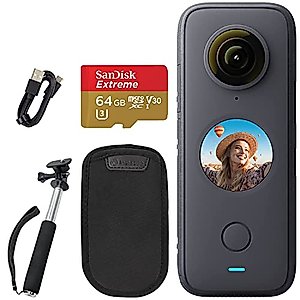 insta360 ONE X2 Waterproof Action Pocket Camera + SanDisk 64GB Extreme Memory Card + Handheld Monopod (extends to 43in) - Great Starter Bundle!, 5.7K