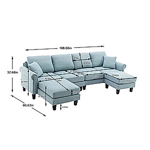 108.66"L Shape Corner Sofa with Ottoman and 2 Pillows U Shaped Long Couch for Living Room Sofa with Chaise Comfortable Modern Mid Century Sectional Sofa for Home Apartment Office (Light Blue)