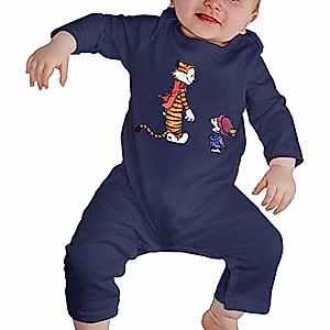 Cute Calvin and Hobbes Long Sleeve Baby Rompers Infant Unisex Footie Bodysuit Navy