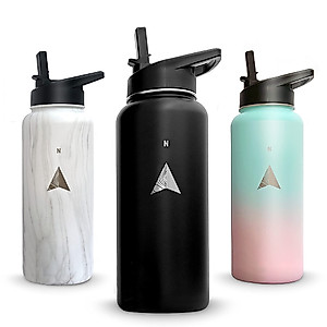 Arctic North Sports Bottle (Simple Black, 32oz / ¼ Gallon) + 2 Lid - Cold or Hot - Wide Mouth - Double Wall Water Bottle with Straw - Vacuum-Insulated Stainless Steel - Water Flask - Thermo Canteen