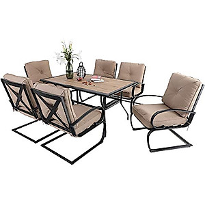 PHI VILLA 7 Pcs Patio Dining Set, Outdoor Furniture Dining Set with 6 Spring Motion Chair with 3.9" Cushion & 1 Large Rectangular Table for Garden, Lawn, Beige