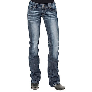 Women Mid Rise Stretch Boot Cut Jeans Retro Loose Fit Slimming Denim Pants Juniors Vintage Wide Leg Jean Trousers (Dark Blue,X-Small)