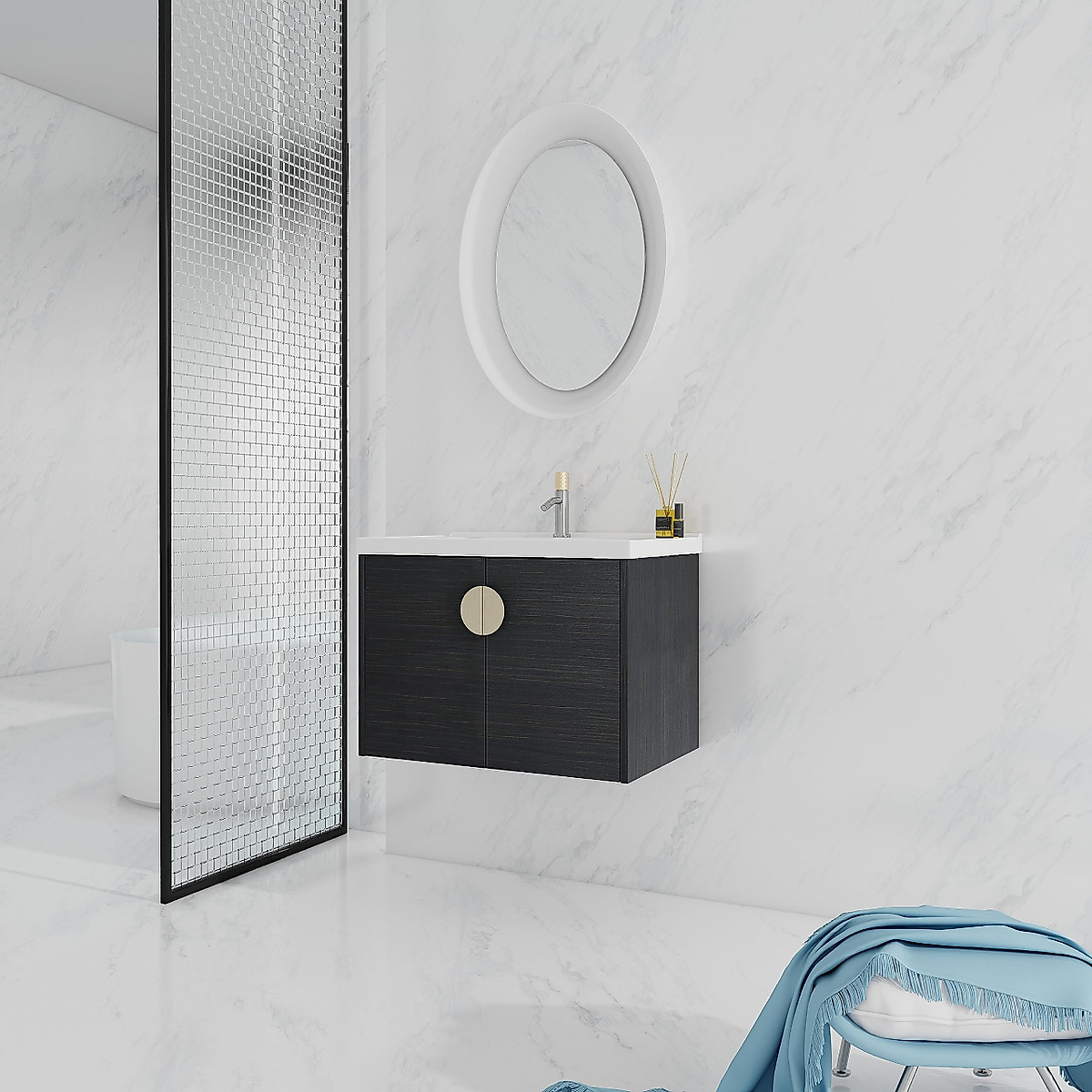 28-Inch Wall Mounted Bathroom Vanity with Sink Combo Modern Single Bathroom Vanity Set with Top Ceramic Basin & Storage Cabinet Wood Hanging Bath Cabinet w/Resin Sink for Bathroom (Black-28 Inch)