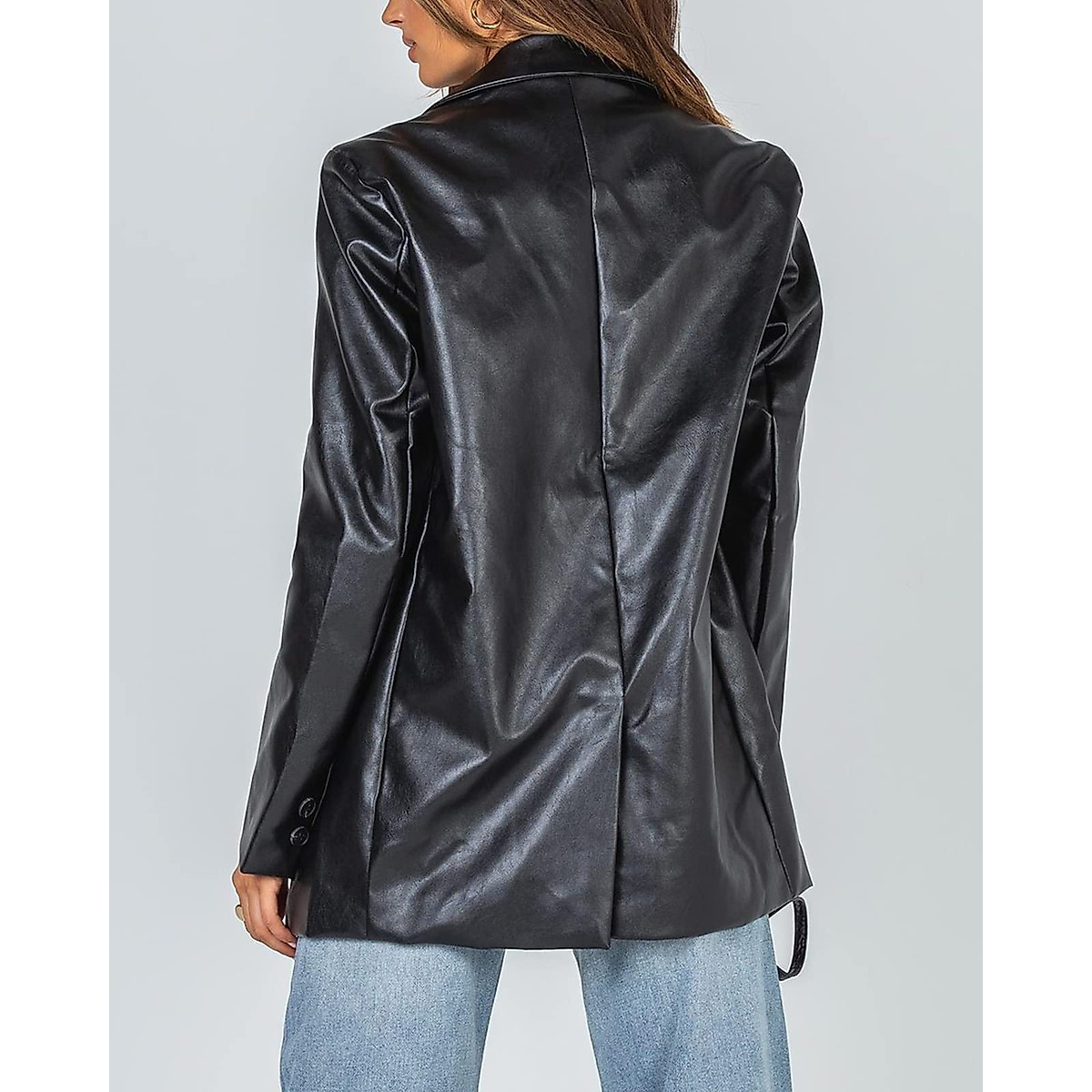 Pepochic Womens Oversized Leather Jacket Long Sleeve Faux Leather Blazer Lapel Button Down Leather Shacket Coat with Pockets