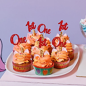 Gyufise 24Pcs 1st Birthday Cupcake Toppers Glitter First Birthday One Cupcake Picks for Baby Shower 1st Birthday Party Cake Decorations Supplies Red