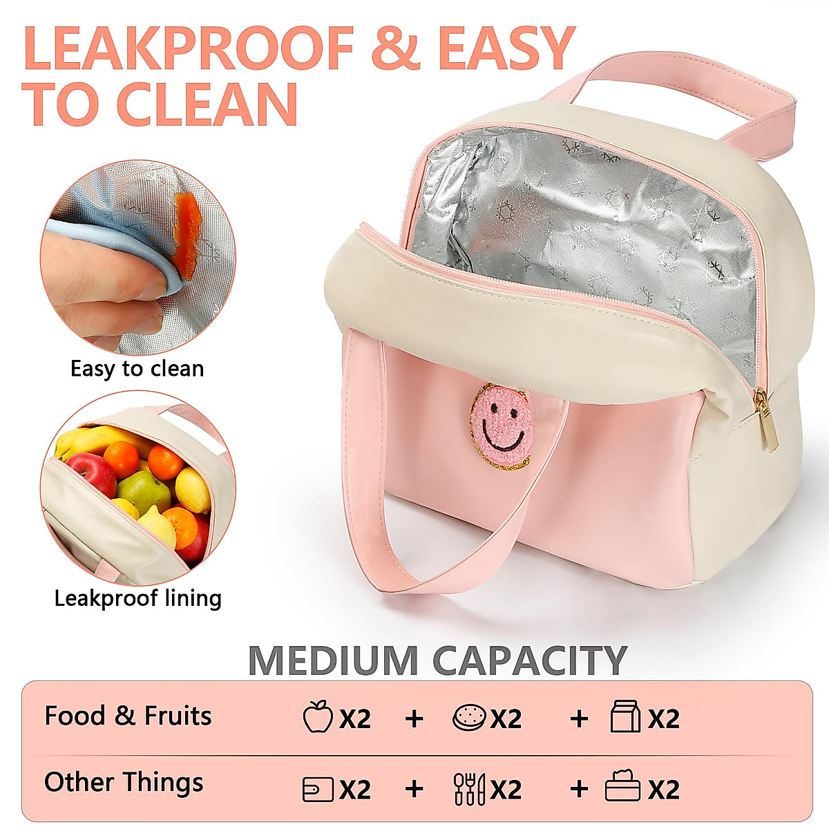 Lunch Bag for Women Large Insulated Lunch Box Reusable Lunch Tote Bag with Smiley Preppy Lunch Bag,Soft Leather Lunchbag for Work School Picnic Travel (White&Pink)