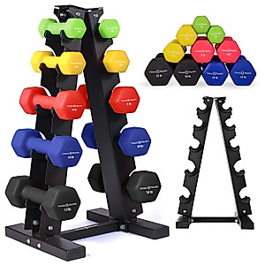 Fitness Republic Solid Steel Dumbbell Rack Holder, A-Frame Dumbbell Storage Racks, dumbbells tower for home gym exercise, Neoprene Dumbbells Pairs (3lb, 5lb, 8lb, 10lb, 12lb) with 5 Tier Rack Combo