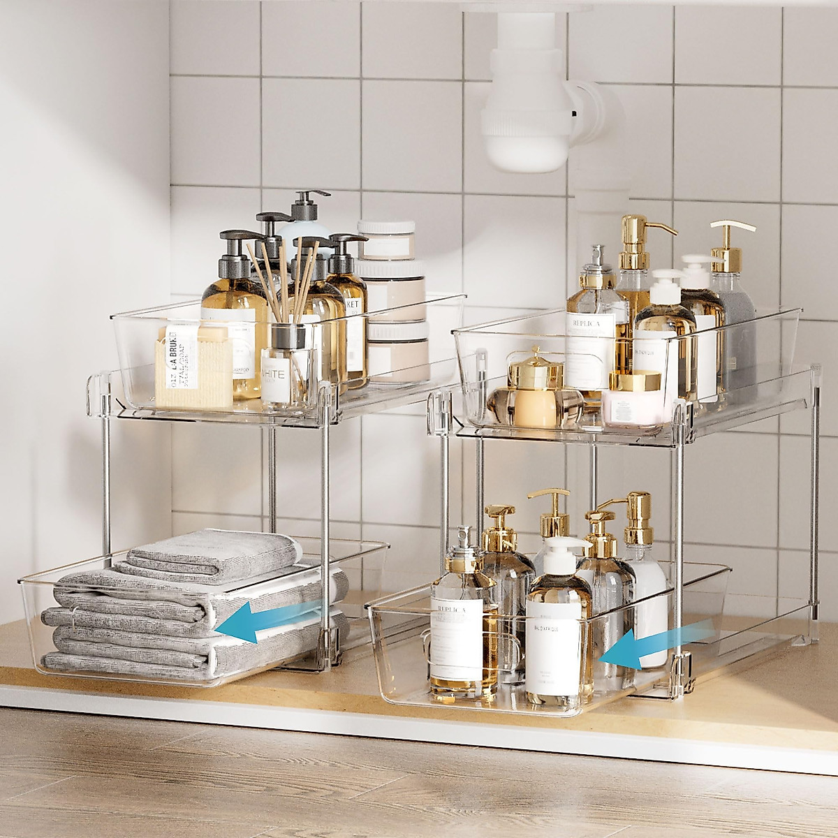 Vtopmart 4 Pack Bathroom Storage Organizer, 2 Tier Clear Under Sink Organizers Vanity Countertop Storage Container, Medicine Cabinet Drawers Bins, Pull-Out Organization with Track for Pantry, Kitchen