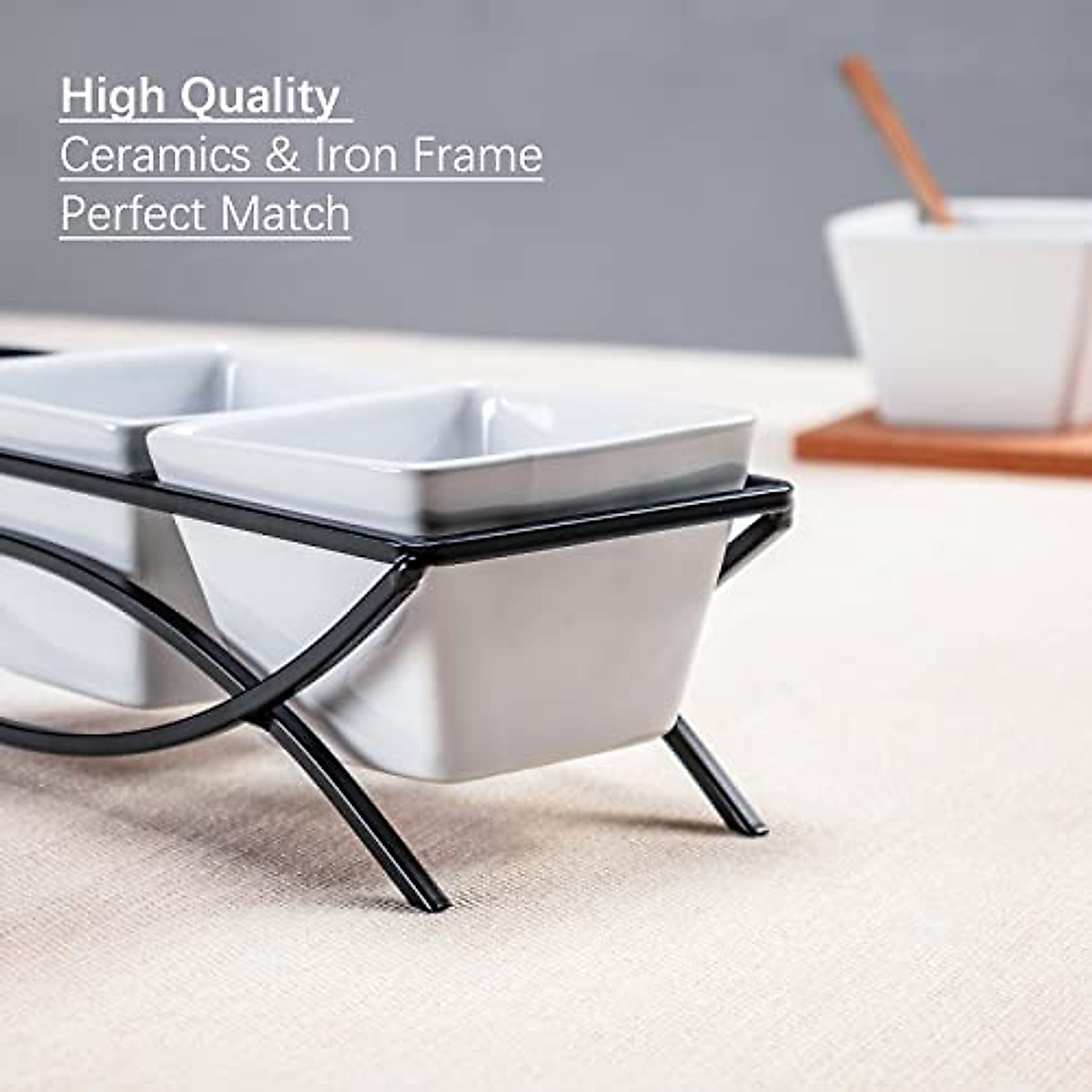 UNICASA Square Ramekin Bowls 10 oz, Condiment Serving Tray with Metal Rack Stand - Chips and Dips Snack Tray for Party - White Side Dish for Appetizer, Fruit, Nuts, Ice Cream, Candy