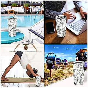 Jihqo Cactus Pattern Tumbler with Lid and Straw, Insulated Stainless Steel Tumbler Cup, Double Walled Travel Coffee Mug Thermal Vacuum Cups for Hot & Cold Drinks 12oz
