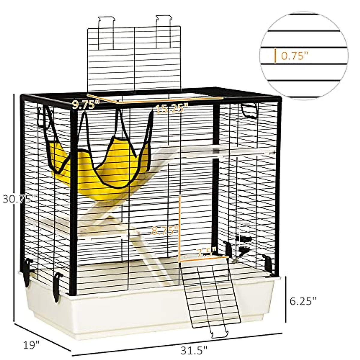 PawHut Small Animal Cage Habitat Indoor Pet Play House for Guinea Pigs Ferrets Chinchillas, with Accessories Hammock Water Bottle Balcony Ramp Food Dish, 31.5", Yellow