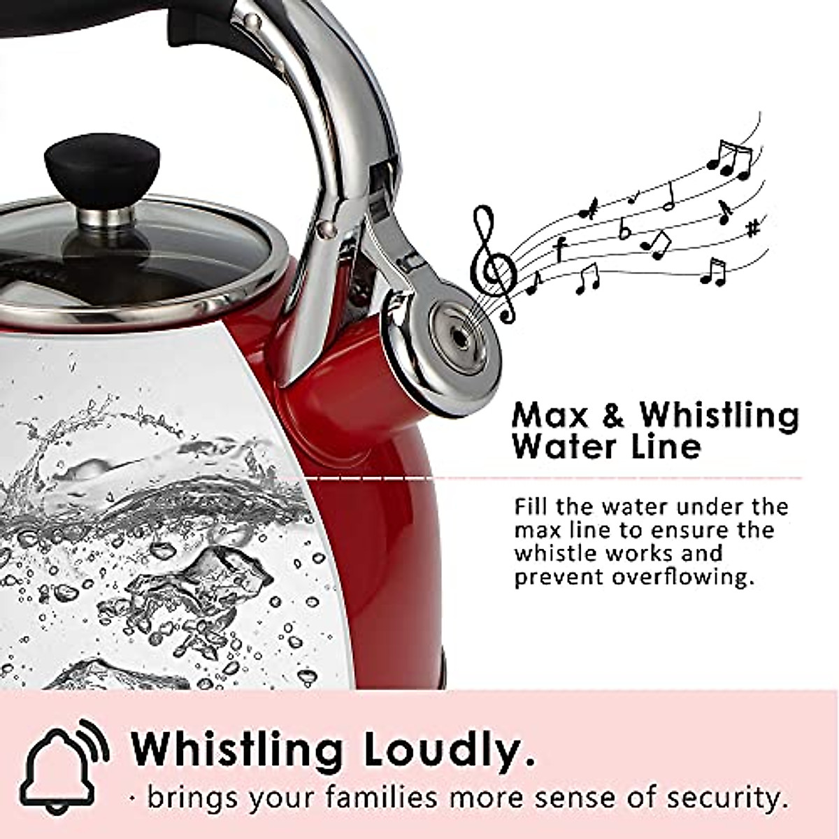 Rorence Whistling Tea Kettle: 2.5 Quart Stainless Steel Kettle with Capsule Bottom & Heat-resistant Glass Lid (Red)