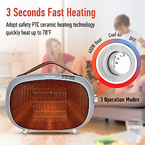 Space Heater, Teioe Mini Electric Space Heater 800W/400W, Small PTC Ceramic Heater with Tip-Over and Overheat Protection, 3 Operating Modes, Space Heaters for Office, Bedroom and Under Desk (GREY)