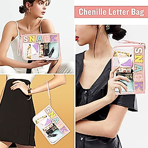 Chenille Letter Clear Snack Bags Purse Pouch, Monogram PVC & PU Clear Zipper Pouch with Wristlet, Waterproof Portable Glitter Snacks Makeup Beach Pouch Toiletry Bag for Women Girls (SNACKS-Pink)